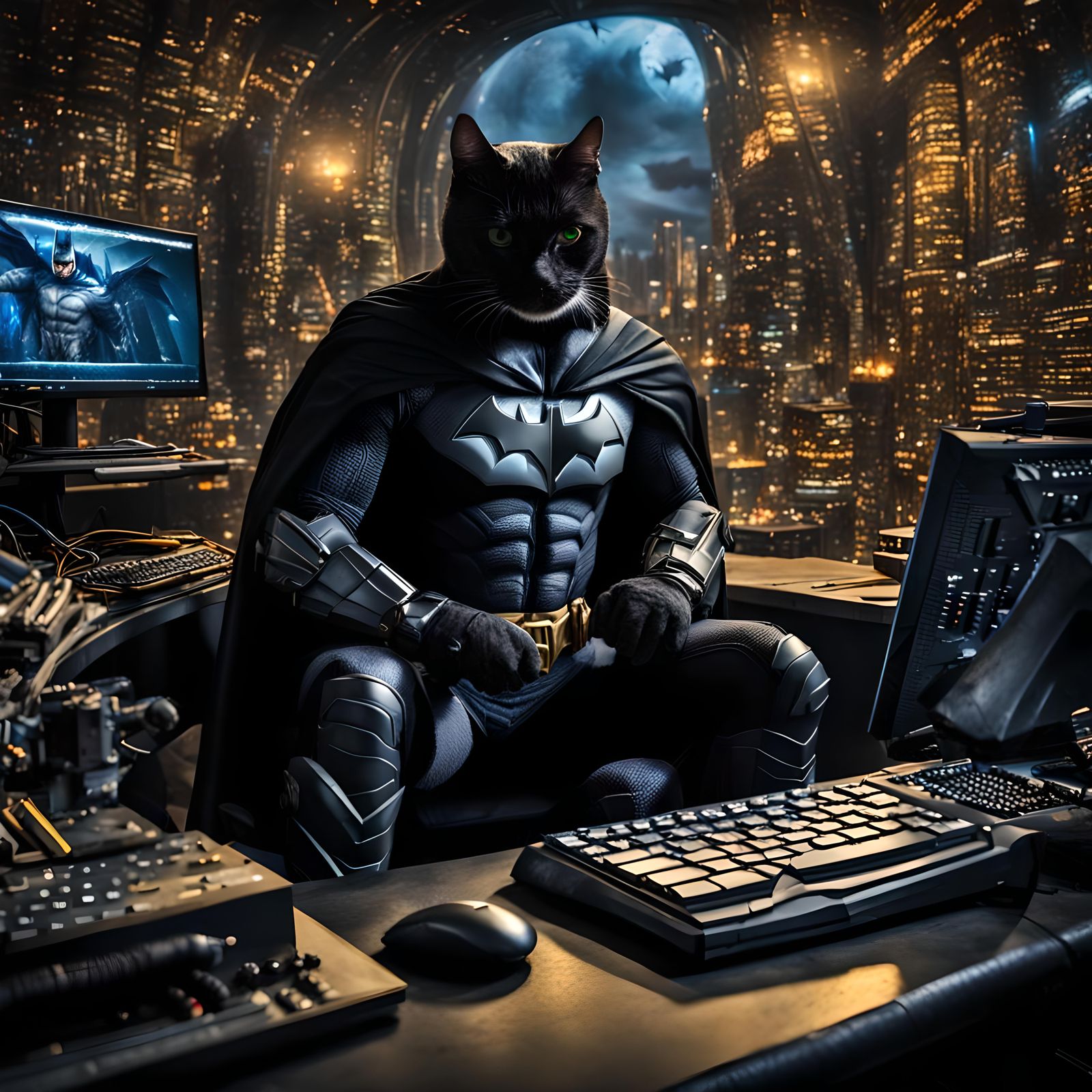 Ginger cat in costume as Batman sitting at a computer in the Batcave ...