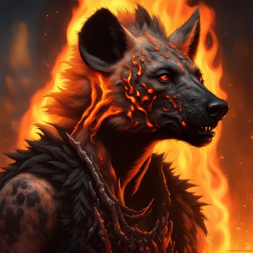 A hyena humanoid, He stands around 6 feet tall with messy black fur ...