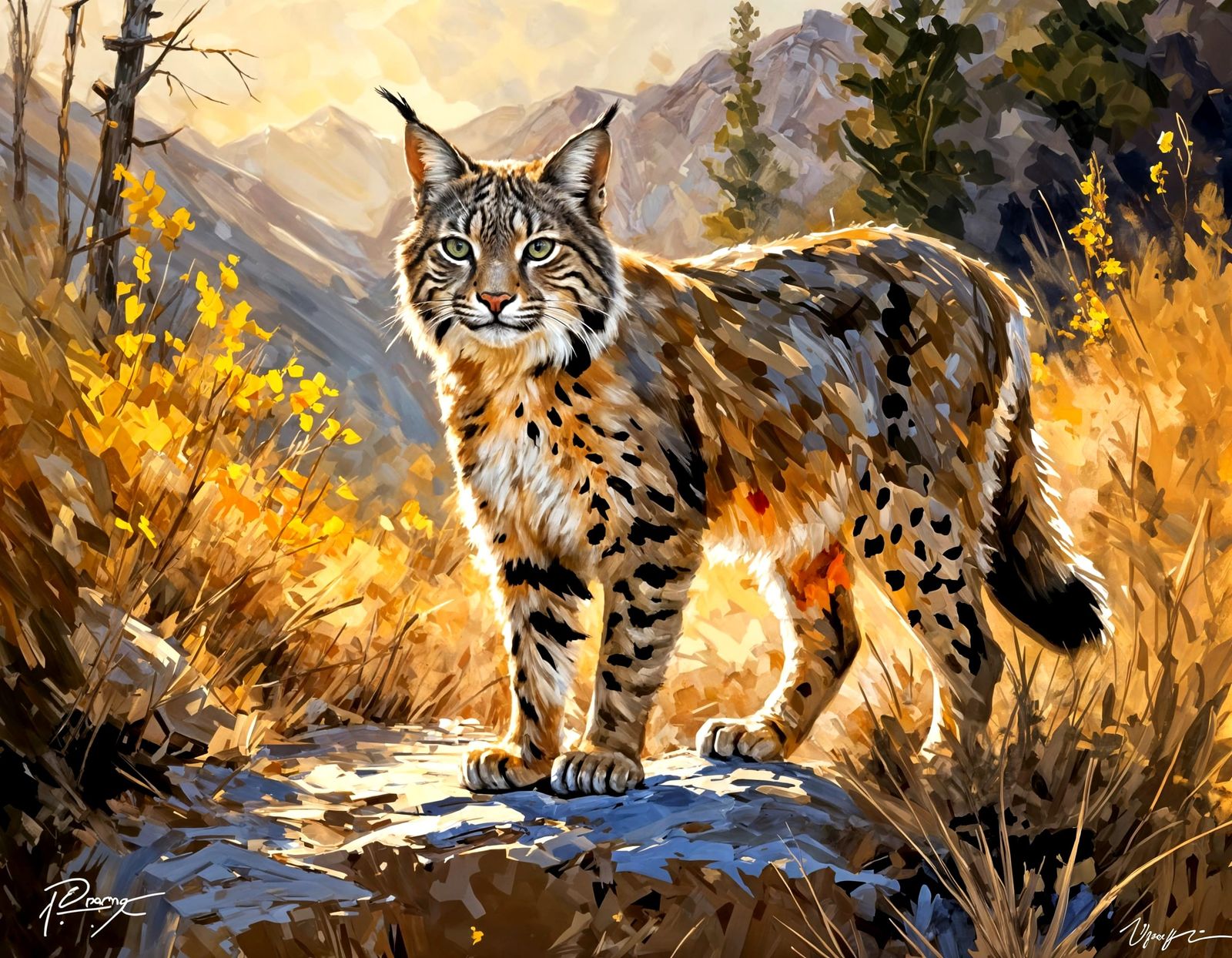 Impasto painting, thick layers of paint, bobcat, foothills, detailed background, mid shot, by ...