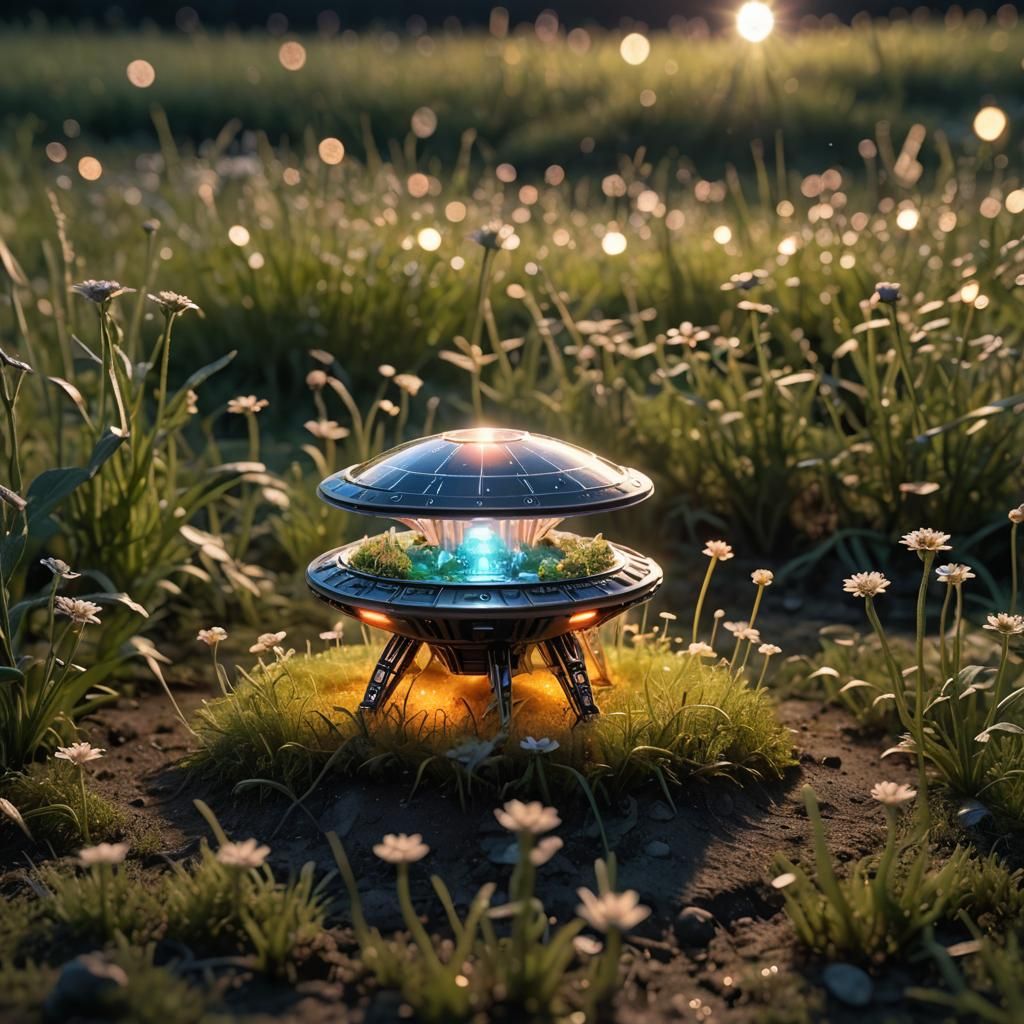 Photograph, miniature glowing alien spaceship with alien in it in the ...