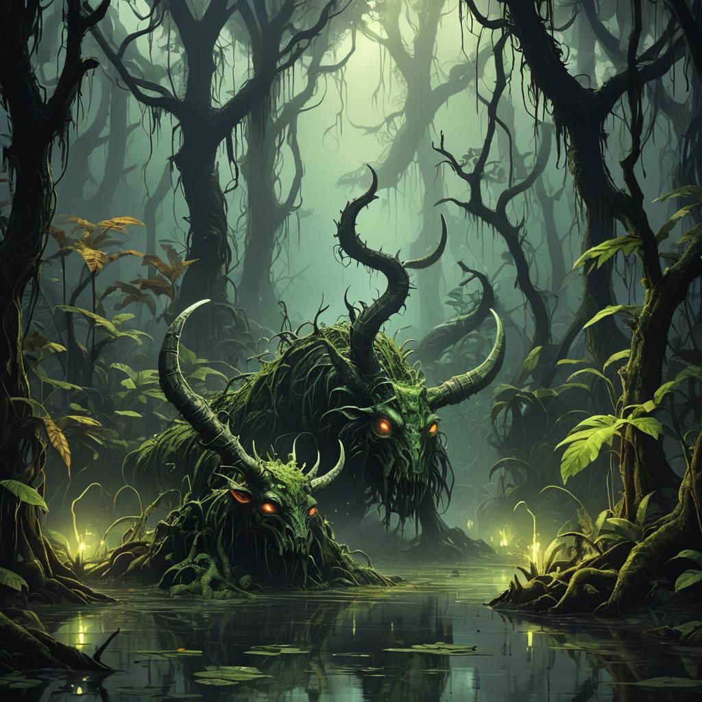 Glowing Neon Horror swamp. detailed horns, eyes. foggy intricate ...