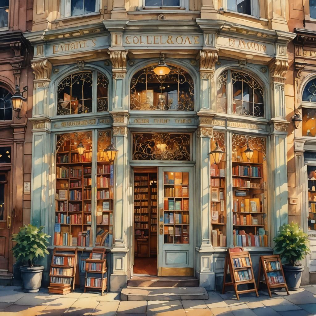 The Corner Bookstore - Ethereal Watercolor Victorian Booksto...