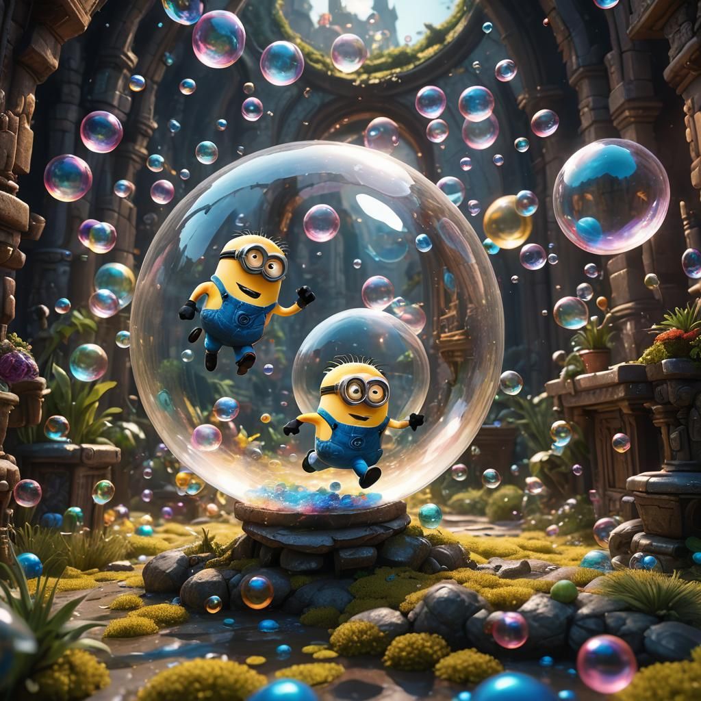 bubble art. Inside the bubble is a minion runnning out of the bubble ...