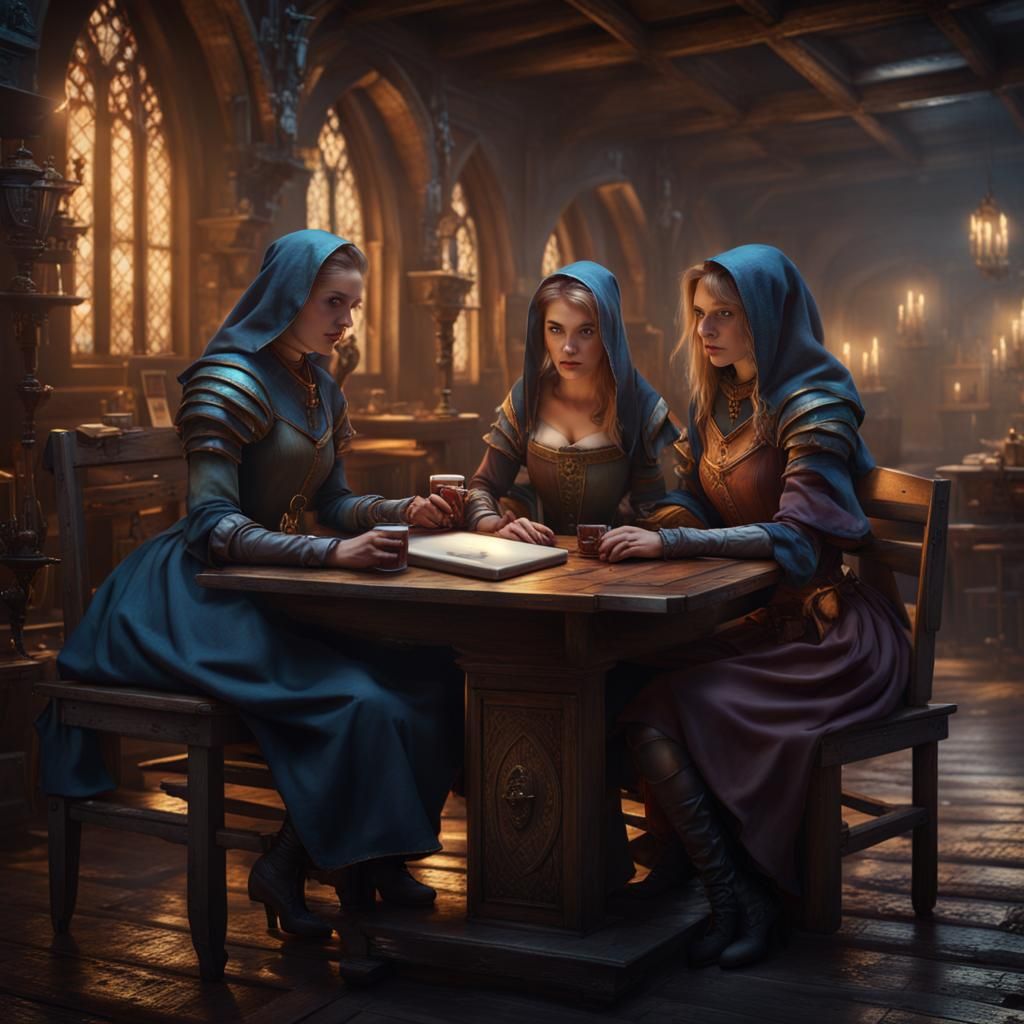 Creation: night cafe medieval girls with computer and talk to beetwen ...