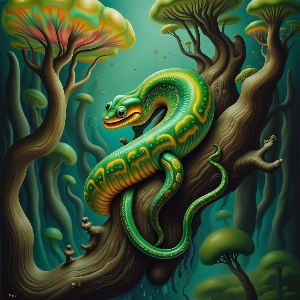 A Realistic Baby Green Tree Python Slithers on His... - AI Art