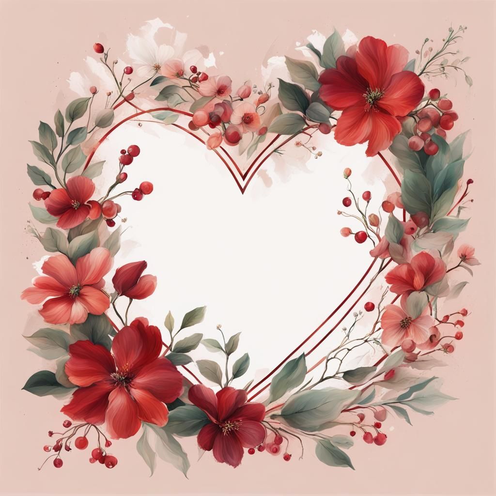 soft red floral heart-shaped frame with delicate flowers, sprigs of ...