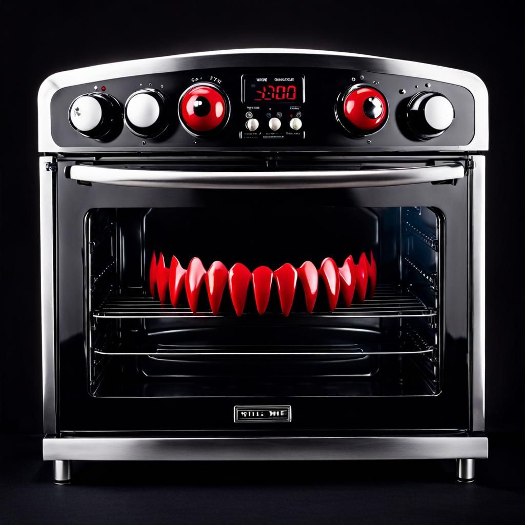 the creepy spooky monster oven with fangs and eyes will eat me blood ...