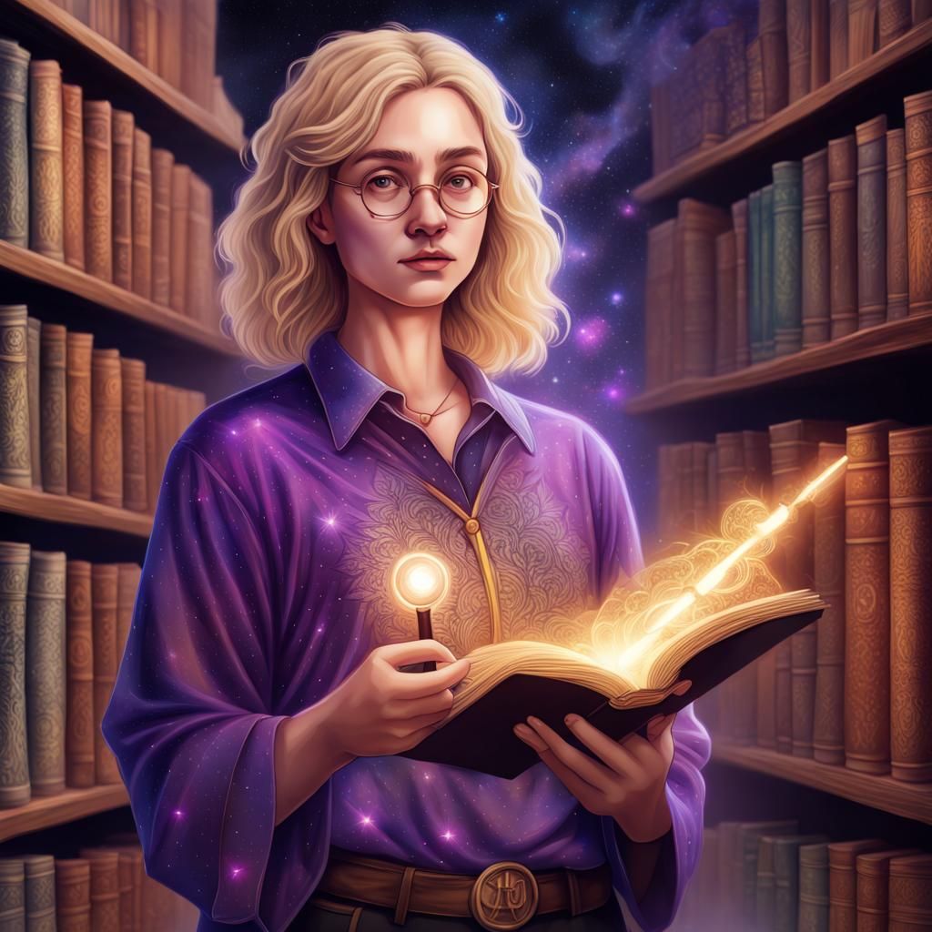Librarian with blond hair and with purple and gold shirt, pants, and ...