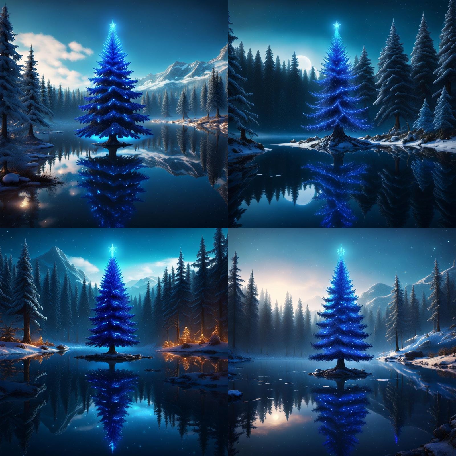 Glowing blue Christmas tree by itself by a lake with a reflection and ...