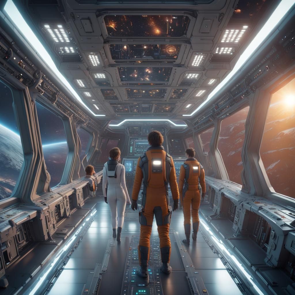 Humans on the bridge of an advanced starship in space, machines ...
