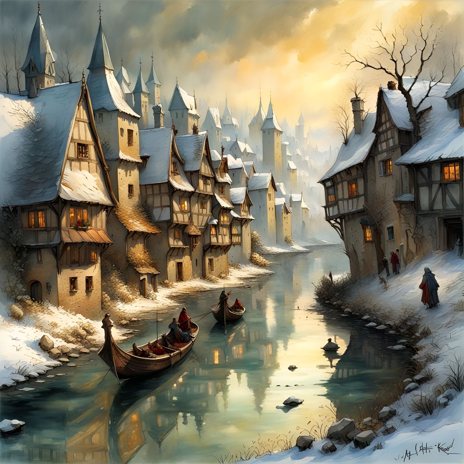 Medieval winter river village - AI Generated Artwork - NightCafe Creator