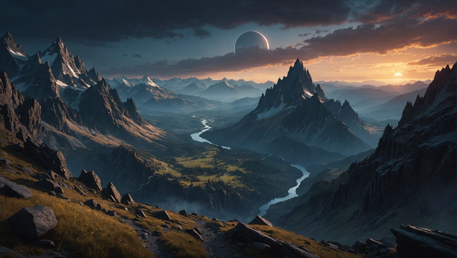 dark eclipse, mountains and pure nature, detailed matte painting, deep color, fantastical ...