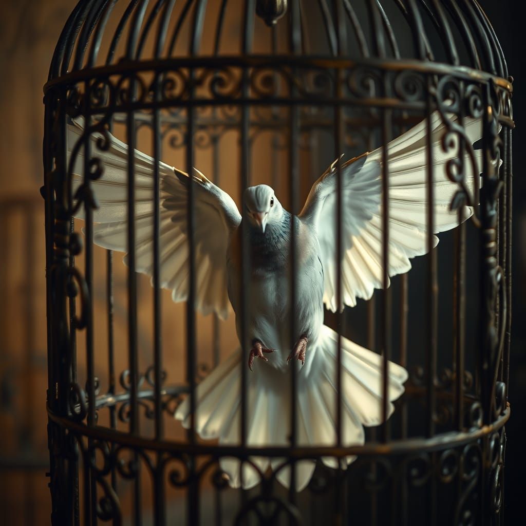 Trapped Dove in Antique Gothic Cage - AI Art