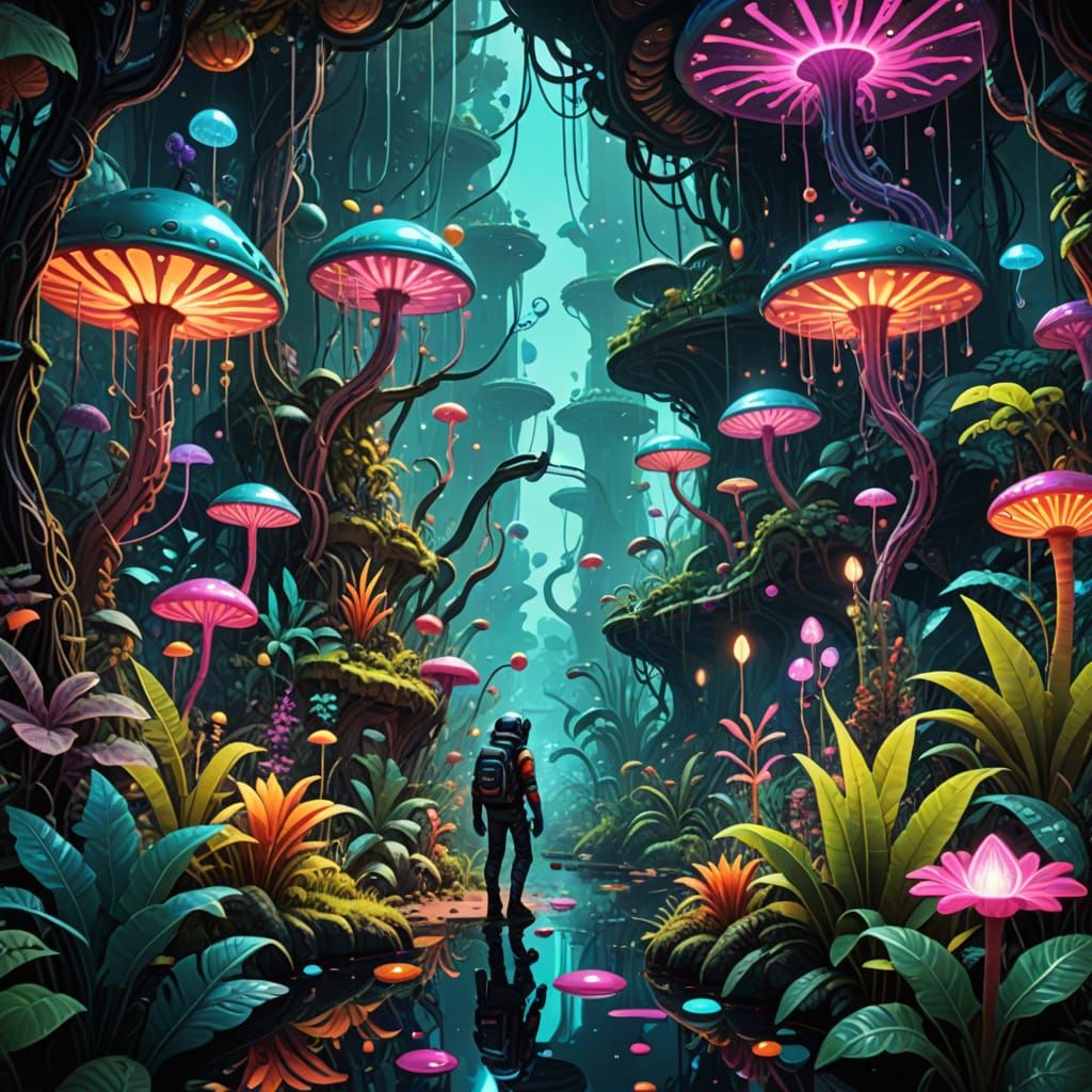 Whimsical Space Explorer in Bioluminescent Jungle,... - AI Art