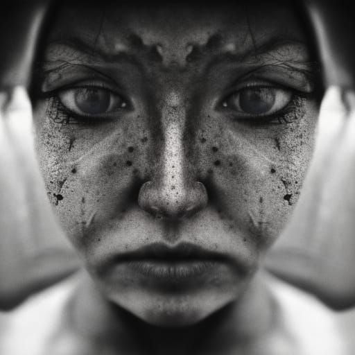 Earthquake victim, covering her face with her hands, close-up shot ...