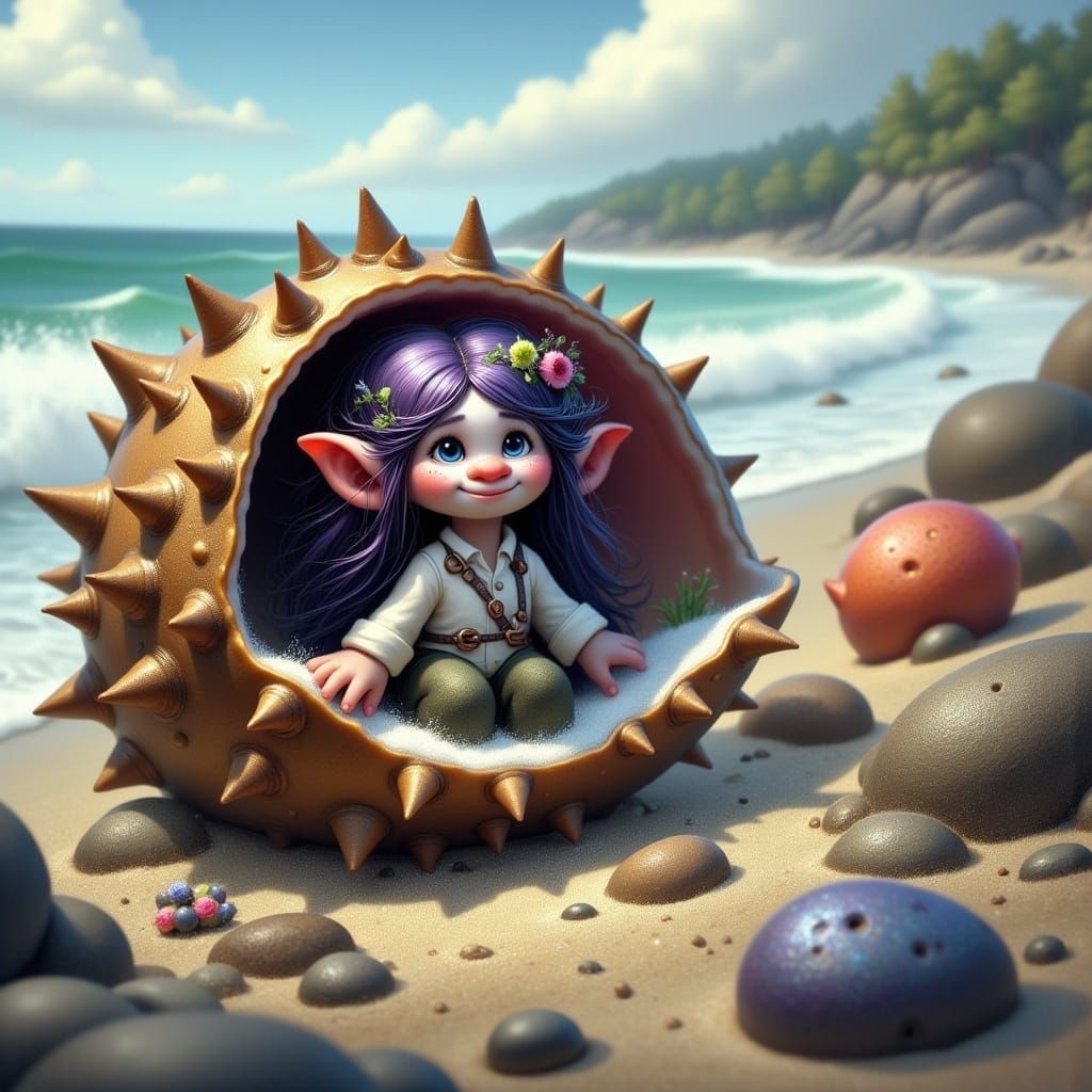 Adorable Troll Woman in a Beachside Whelk - AI Art