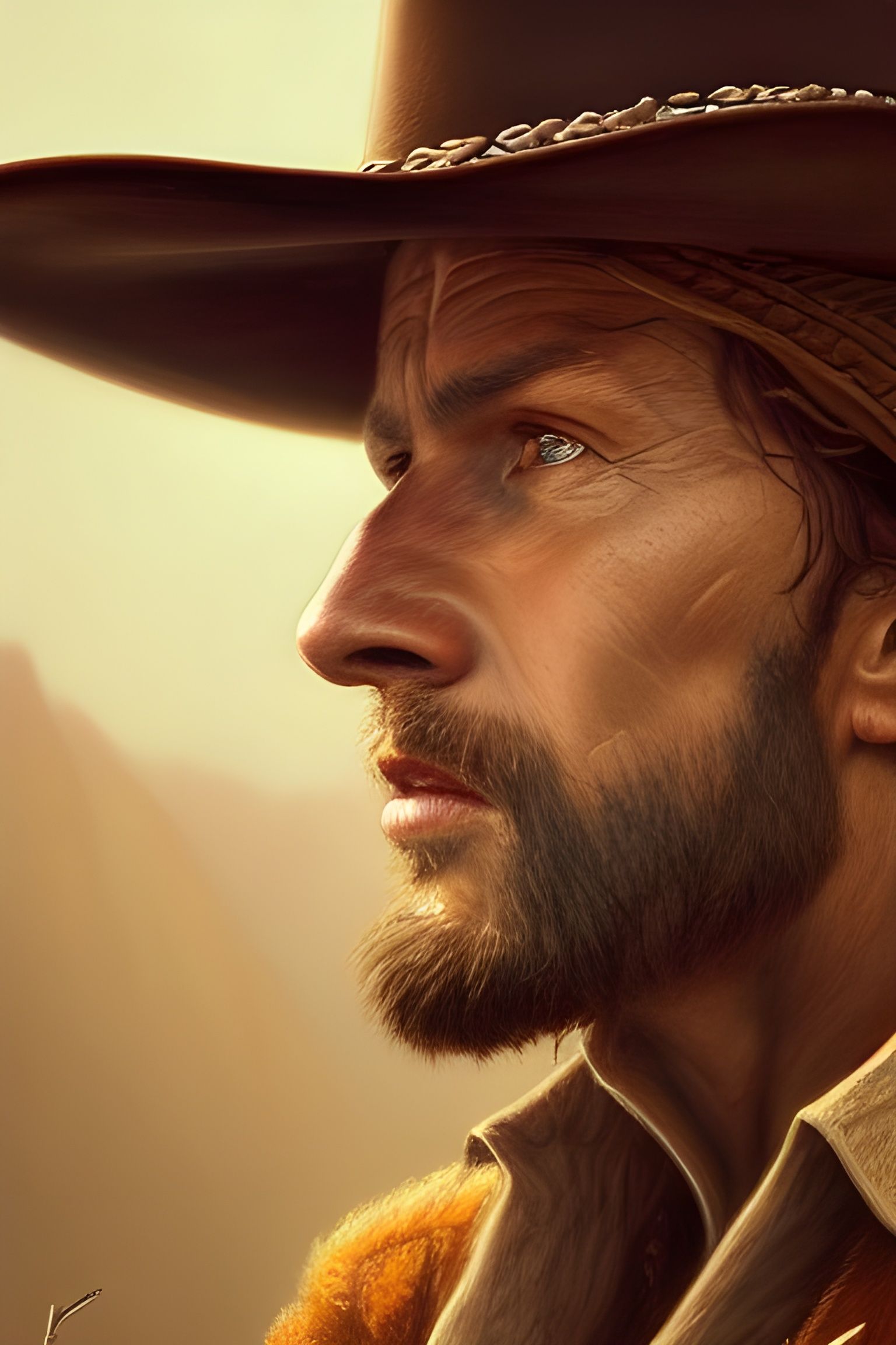 closeup portrait shot of a western cowboy in a scenic western ...