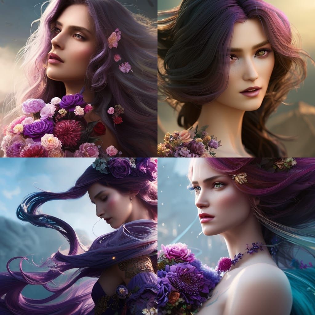 High definition image of a gorgeous woman. Wind. Flowy hair.Flowers ...