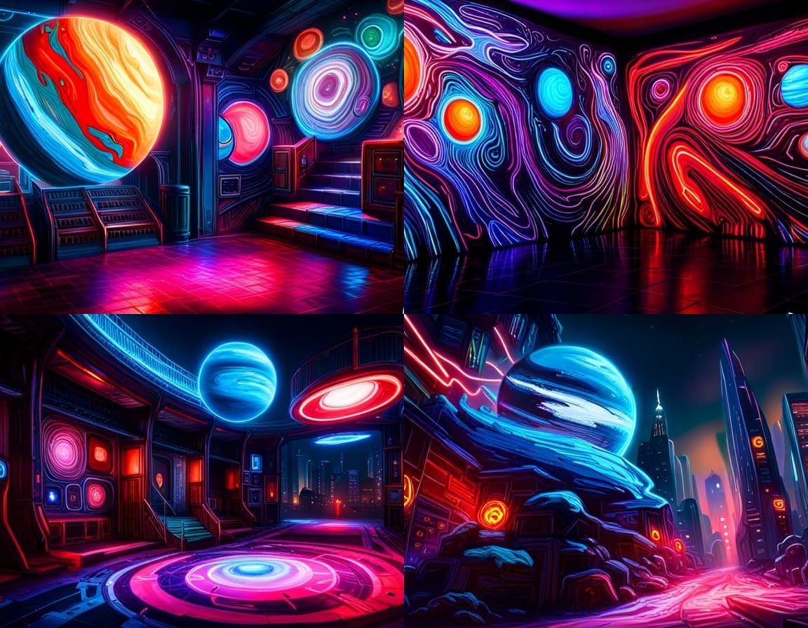 art installation of neon planets ,detailed painting solar system ...