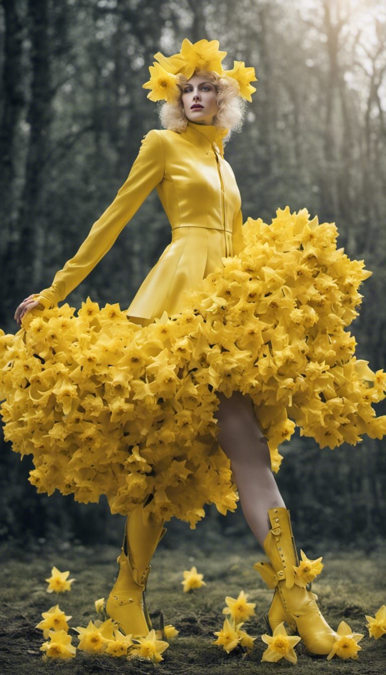 lanky model giant daffodil sculpture inspired dress style of surreal ...
