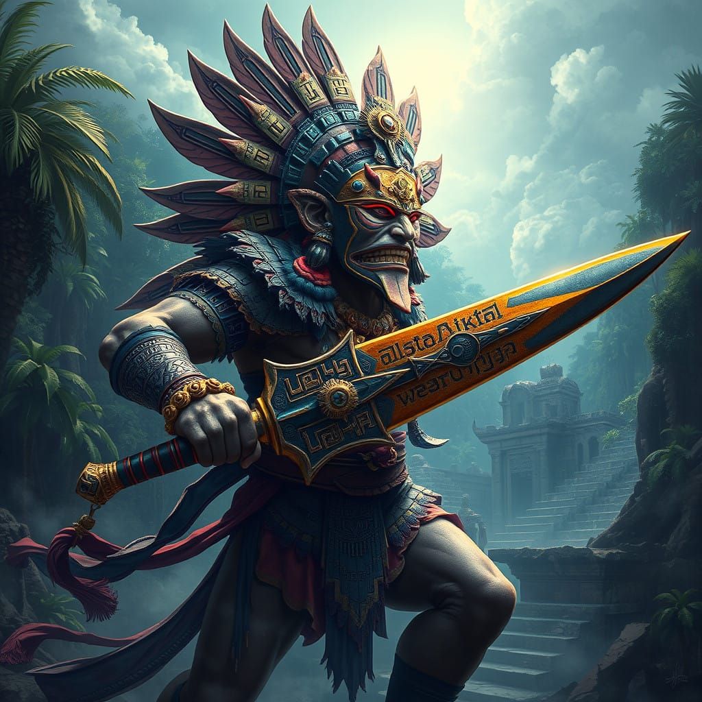 Aztec God Wields Sword with Ancient Hieroglyphics ... - AI Art