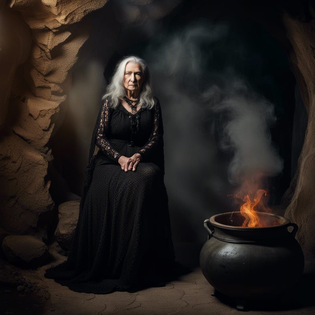 Full body portrait of an old witch, wearing a long black lace dress, in ...