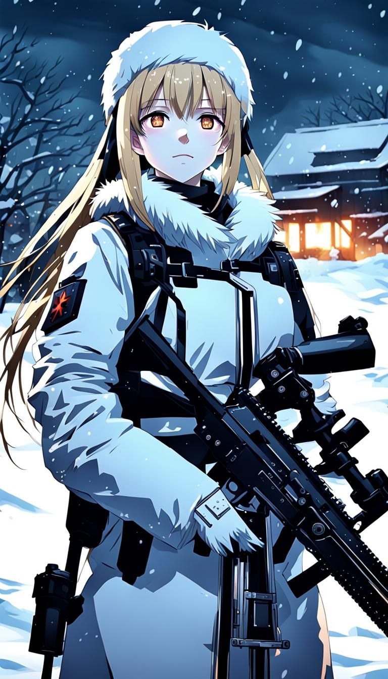Girls' Frontline AN-94 in the snow, dark night, moonless, digital art, 8k, detailed, by artist ...