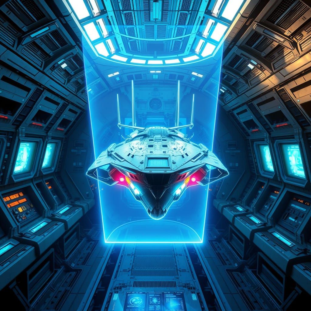 a freestanding 3D translucent hologram of a battle cruiser ship made ...