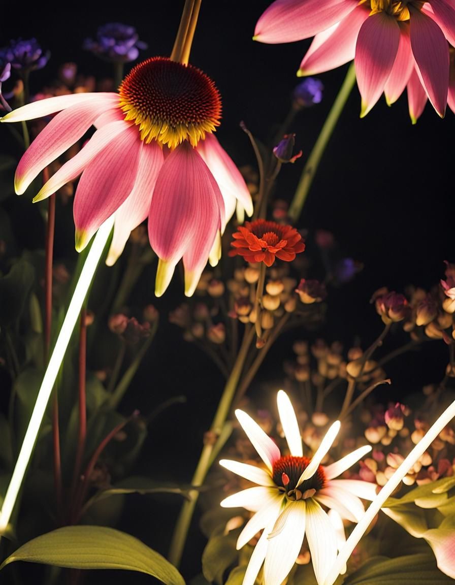 Flowers in the night illuminated by artificial light lighting up their ...