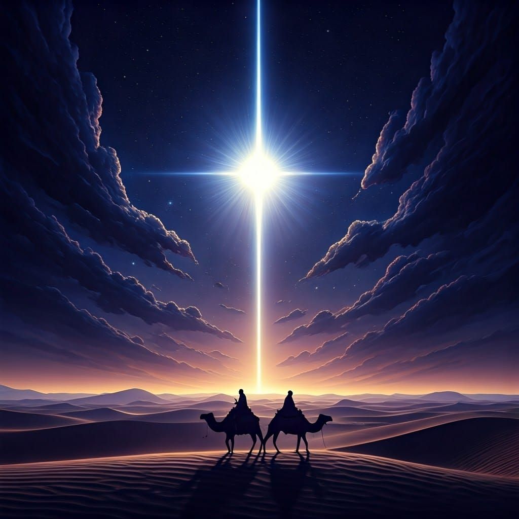 A star with a Halo shines bright in a deep Indigo and purple sky with ...