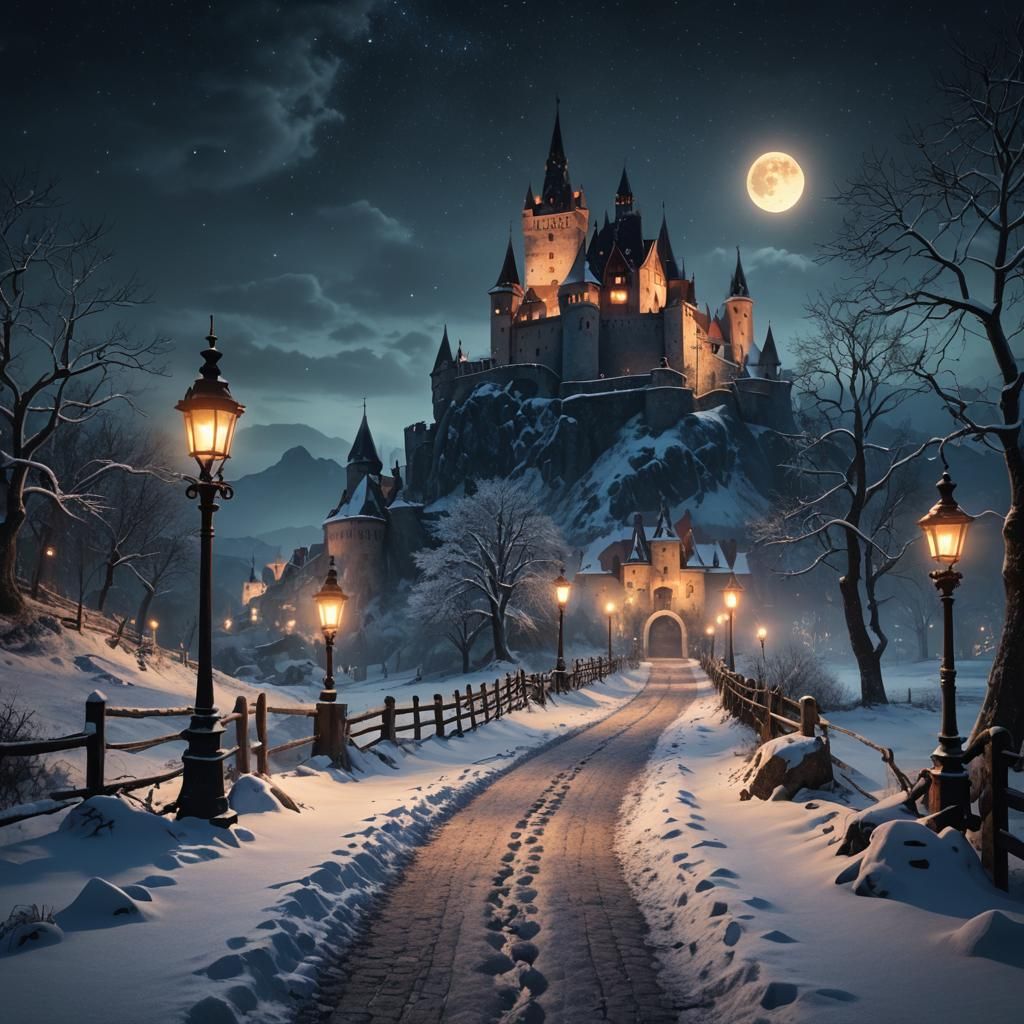 torchlit path leading to a castle at night in transylvania during ...