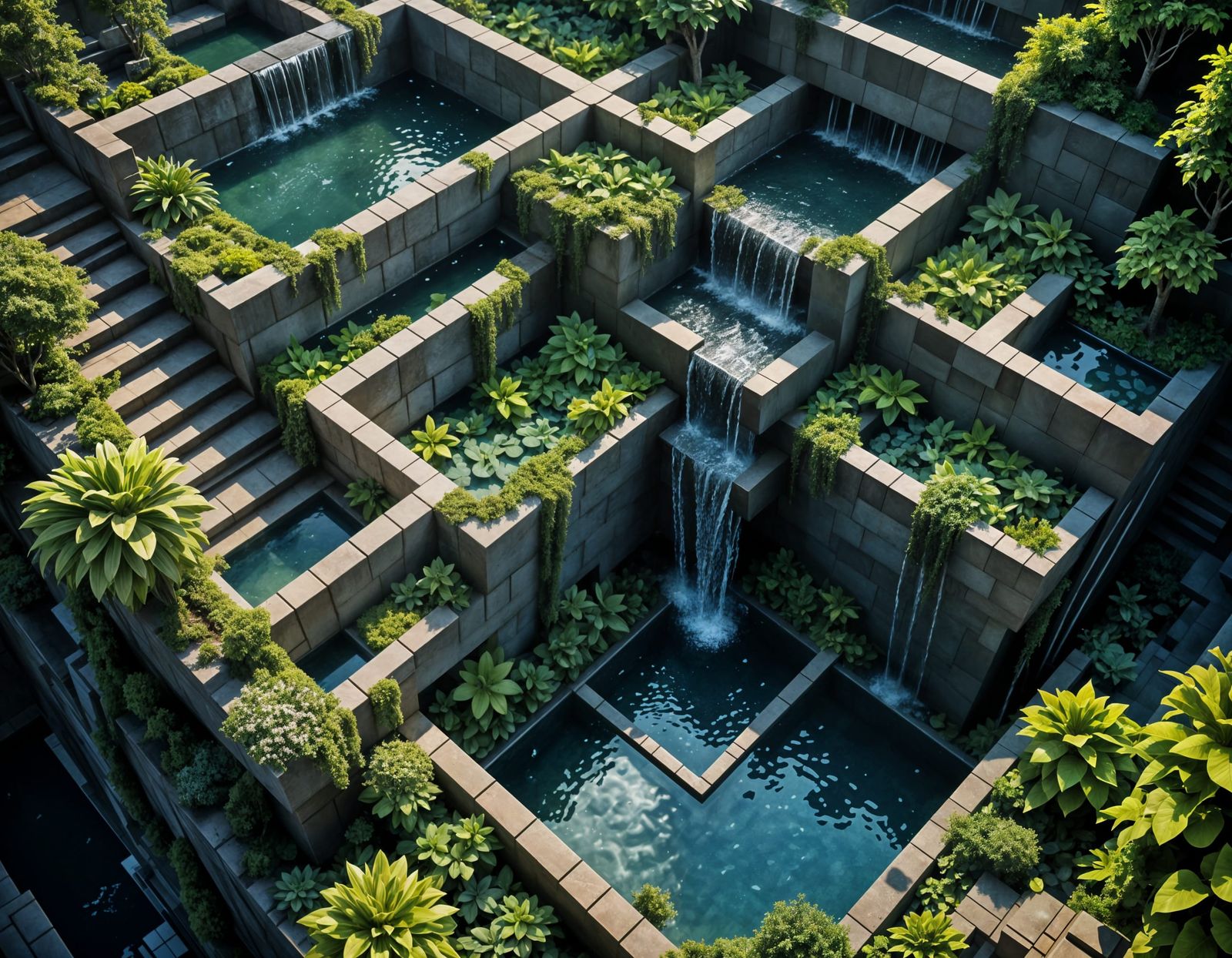 A square waterfall made of jumbled square cubes of water cascade into a ...