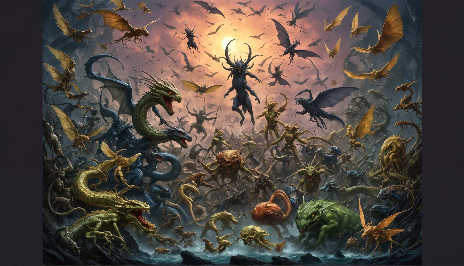 In a boundless hellscape, hyper-realistic evil realm, dozens of hybrid ...