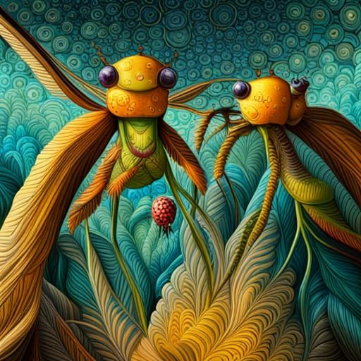 two friendly insects sitting together, very happy, very tender, very ...