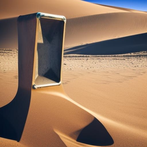 old fashioned shiny chrome gas lamp post with a bright blue light, on a hot sunny sand dune in a ...