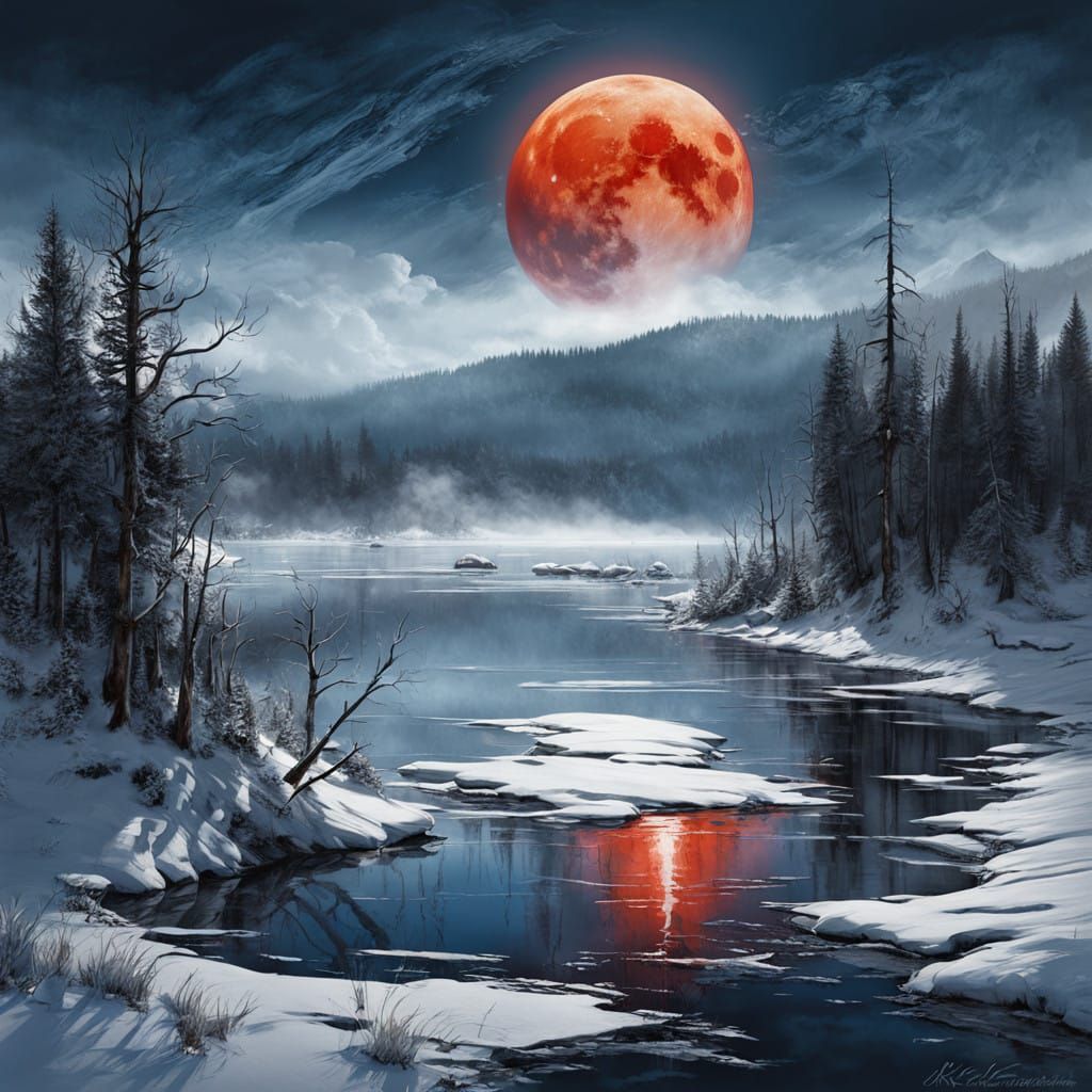 Yellowstone landscape, full red moon shining, clarity ignites horizon
