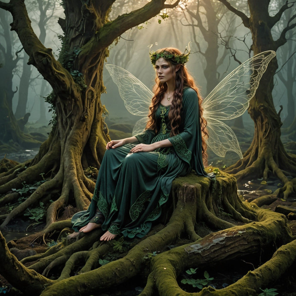 Celtic Dark fairy - Whimsical Dark Fairy in Celtic Art Styl...