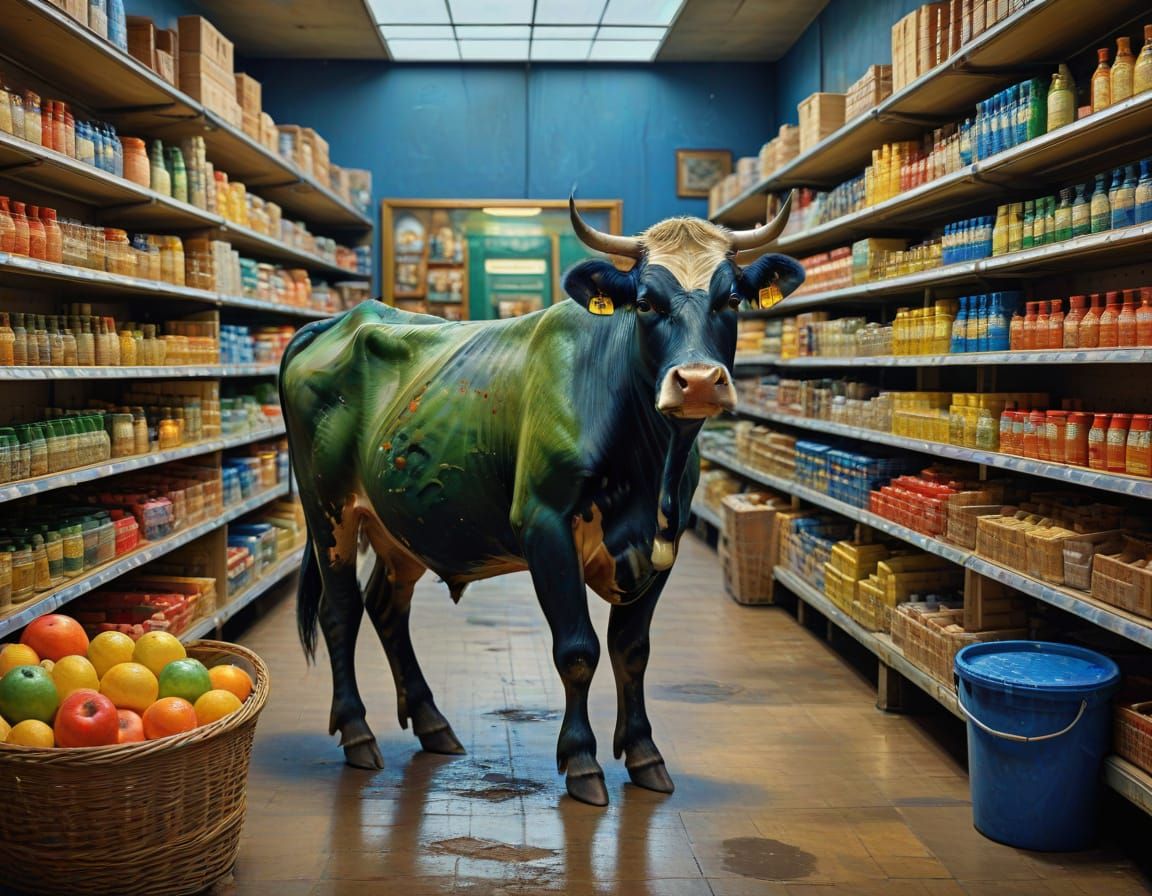 Cow 8 - Cow in a Supermarket, Neo-Impressionist Masterpiece