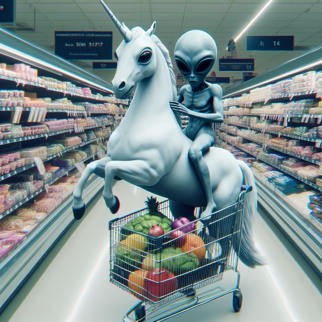 Alien riding a Unicorn Shopping Cart - AI Generated Artwork - NightCafe ...