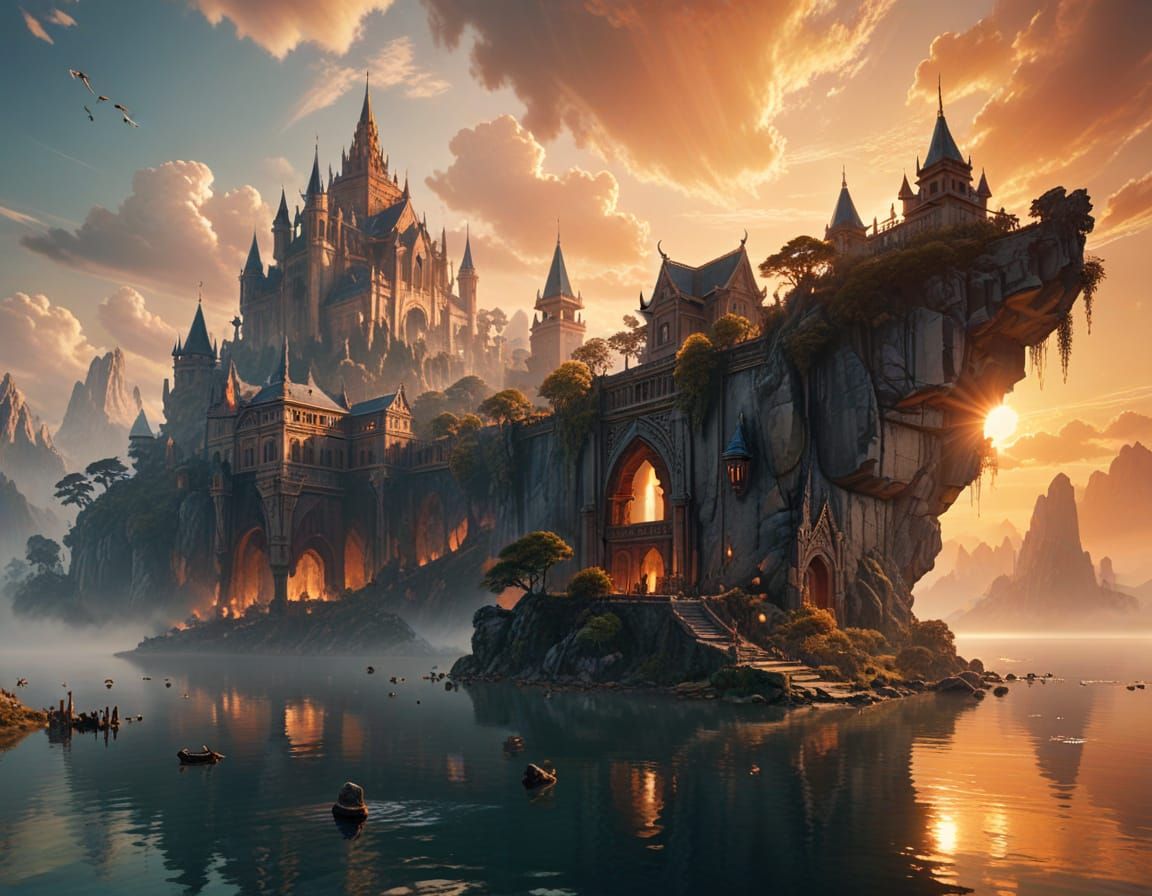 Surreal, Ancient City Panorama at Sunset in Hyper-... - AI Art