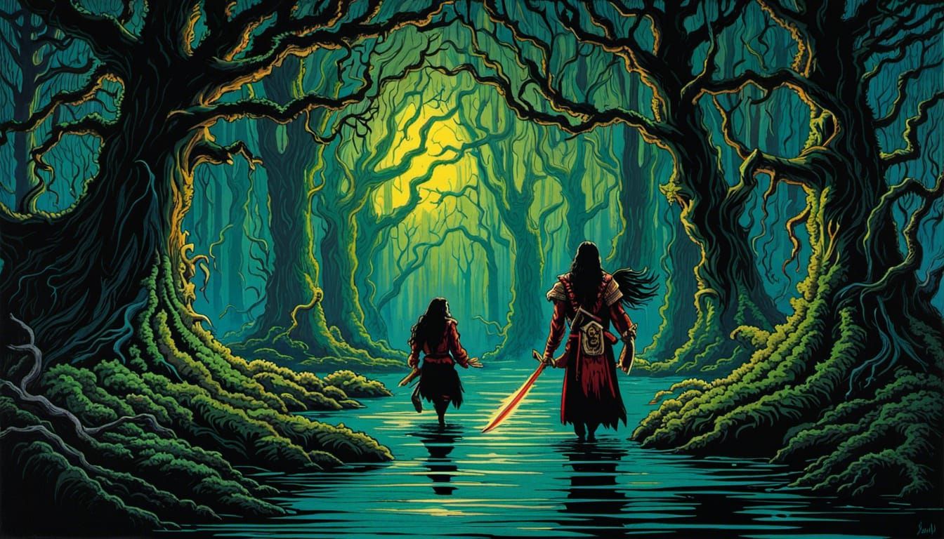 "Bayou" Native American vampire shaman walking along dark 1800's ...