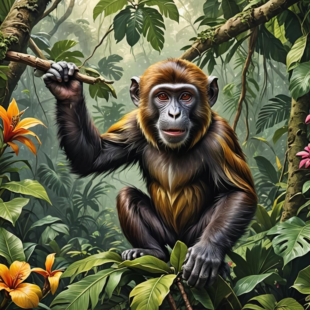 Vibrant realistic Monkey playing in the jungle - AI Generated Artwork ...