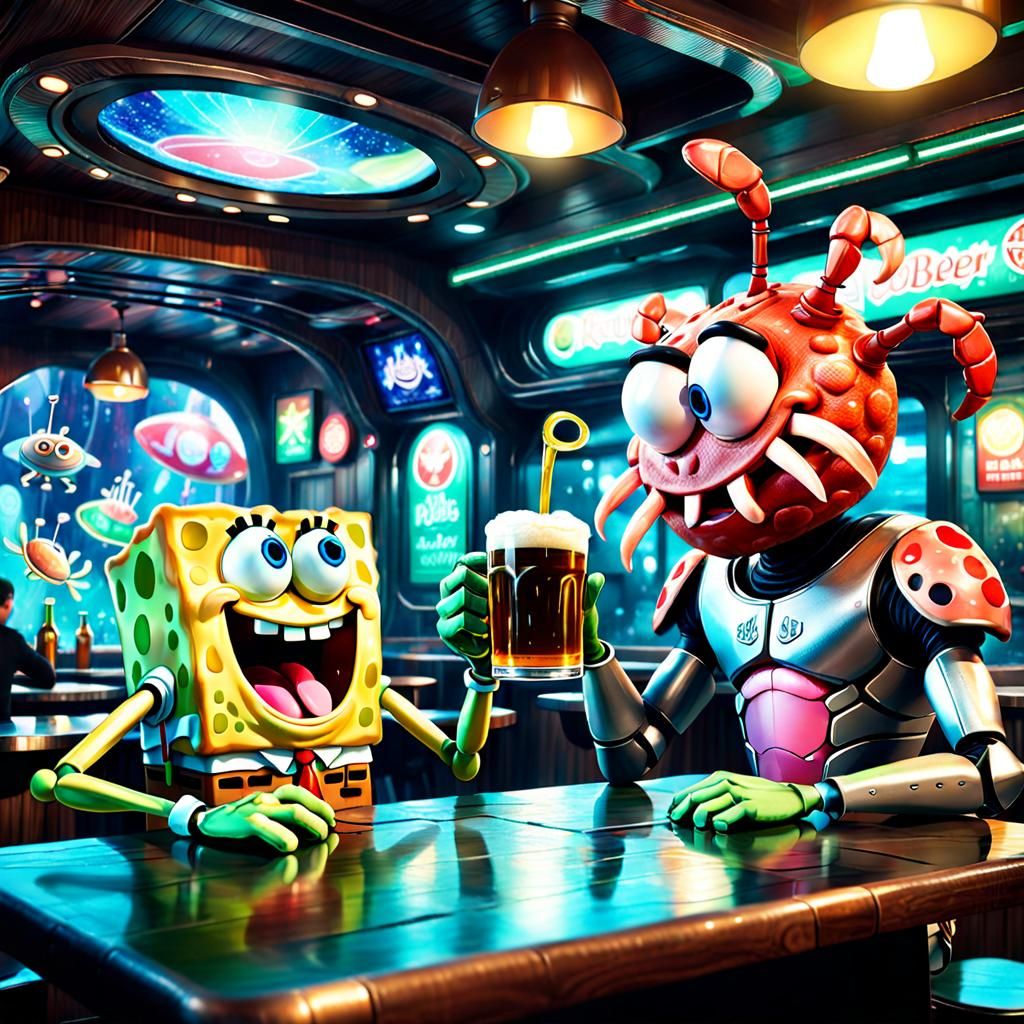 SpongeBob SquarePants making new friends in a futuristic pub named The ...