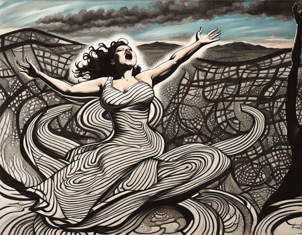 ecstatic embodied curvaceous woman with arms raised to the skies ...