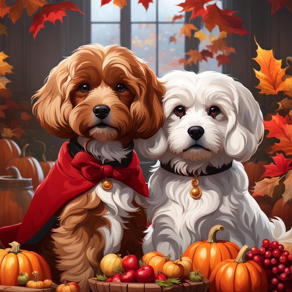 Two cavapoo dogs, one red, one black & white in a thanksgiving scene. - AI Generated Artwork ...
