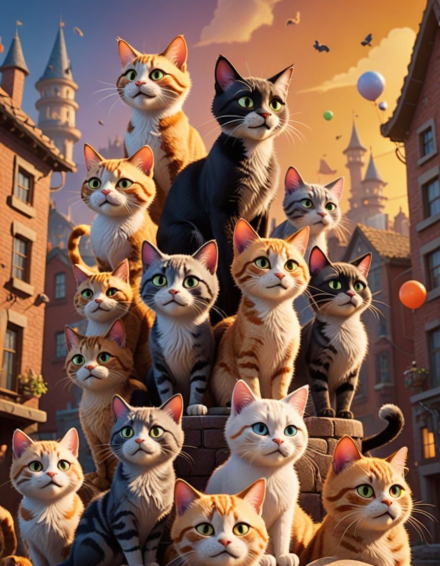 Tower of Cats: 3D Digital Art in Pixar Style - AI Art