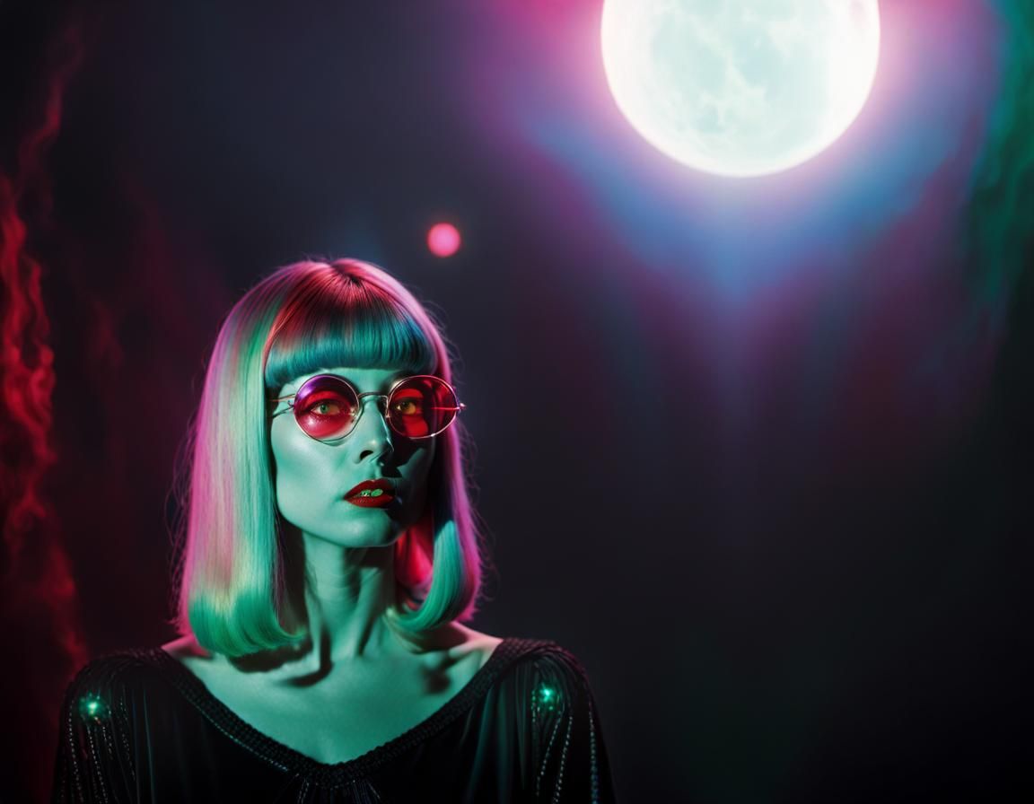 Woman witnessing cereberus; Pink Gel-lens lighting; Retro 1970s babes; Crepuscular 1970s ...