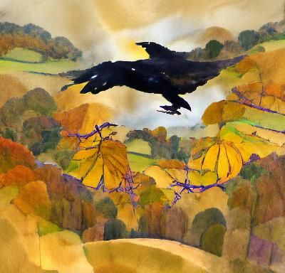 Raven flying over woodland of autumn gold - AI Generated Artwork ...