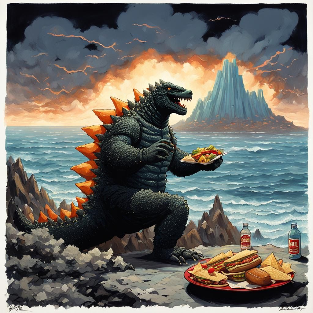 Godzilla eating hot dogs and nachos while overlooking the ocean - AI ...