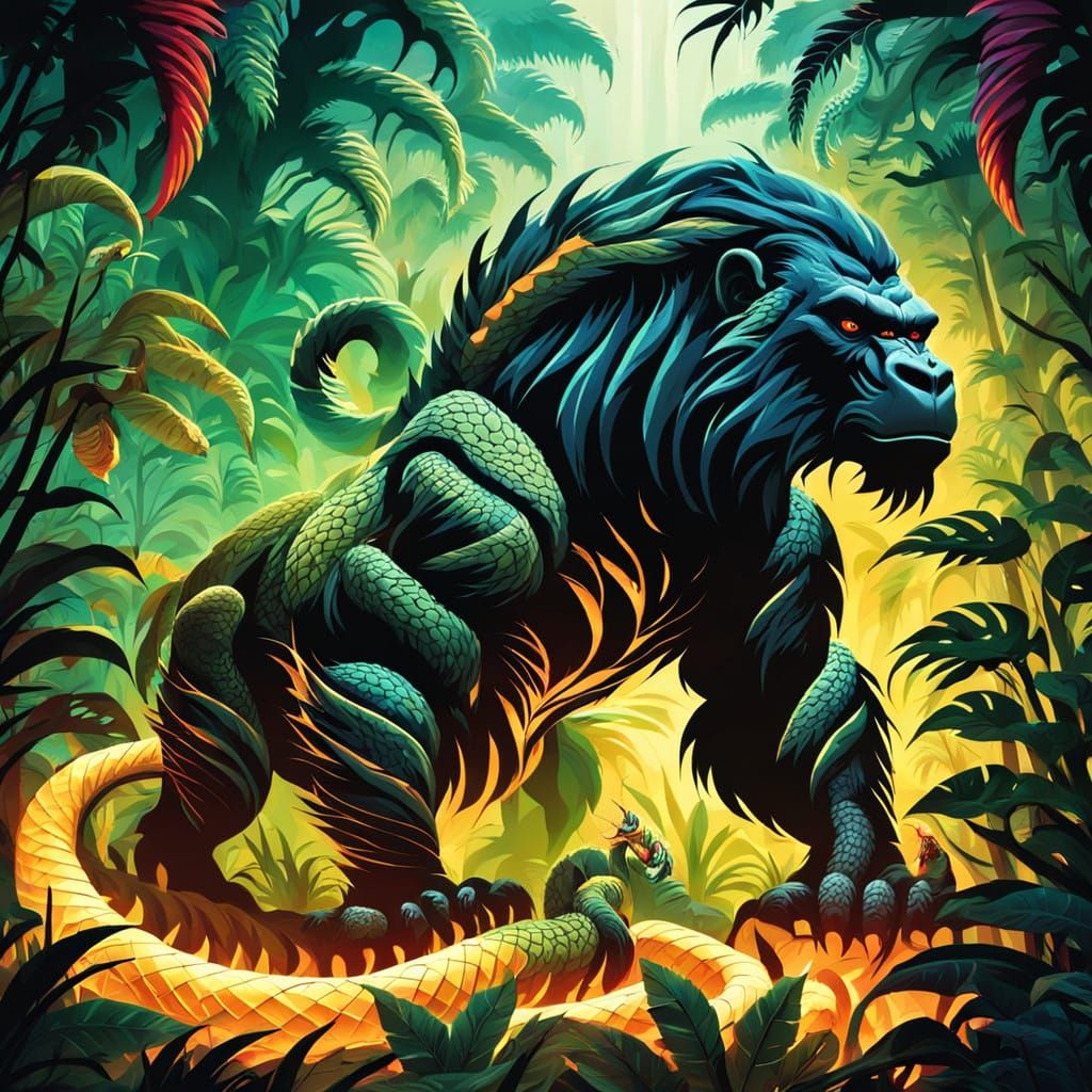 Chimera made up of a snake, a scorpion and a gorilla. The snake coils ...